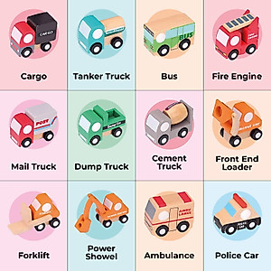 TEKOR (12) Wooden Toy Car Set | Montessori | Police Car | Fire Truck | Ambulance | (9) Other Cars| Develops Fine Motor Kills | Smooth, No Rough Edge | Child Friendly Paint |