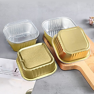 50 Pcs Aluminum Foil Mini Square Baking Cups with Lids,5oz Disposable Ramekins Cake Pans,Cupcake Baking Cups Containers for Bread Muffin Brownie Cheesecake,Gold