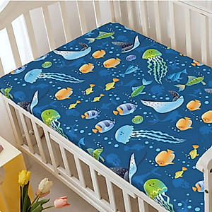 Under The Sea Themed Fitted Mini Crib Sheets,Portable Mini Crib Sheets Soft and Breathable Bed Sheets-Baby Crib Sheets for Girl or Boy,24“ x38“,Dark Sky Blue and Multicolor