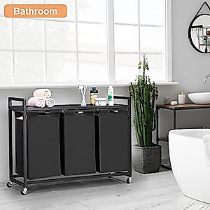 Herture Laundry Basket, 3 Compartment Laundry Hamper, 3 x 10 Gal (38L), with Shelf Rolling Laundry Sorter Organizer, Pull- Out Laundry Sorter with 3 Removable Laundry Bags Black PF01XLB