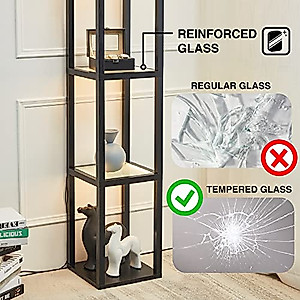 FENLO 66" Luxury Glass Display Shelf with Dimmable LED Floor Lamps, Sturdy Glass Shelves for Bedroom, Curio Cabinet with Glass Bookshelf Display Case, Floor Lamp with Shelves - Fantasy Black