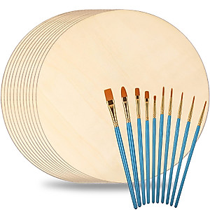NOVWANG 12Pcs 14 Inches Wood Circles Crafts with 10 Brushes Round Wood Disc Unfinished Blank Wood Rounds for DIY Creation Painting Home Holiday Decoration (12Pcs 14 Inches)