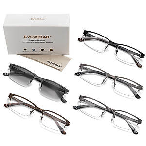 EYECEDAR 5-Pack Reading Glasses for Men Rectangular Metal Half-Frame Spring Hinges with Sun Readers Glasses Mens Readers 1.50