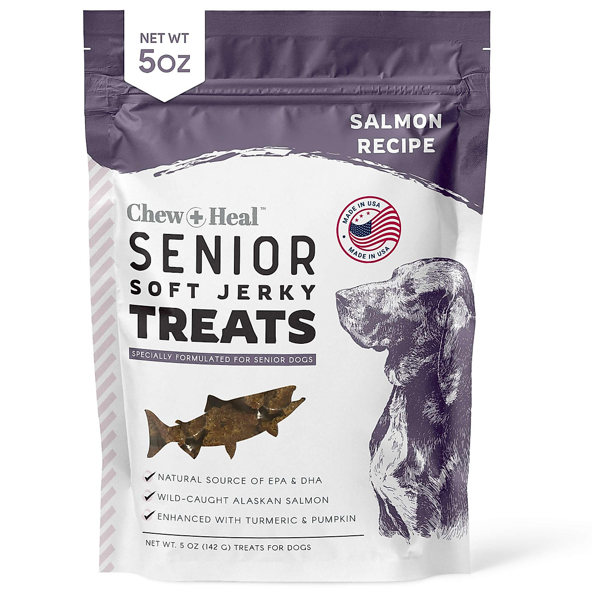 Chew + Heal Labs Seniors Soft Jerky Salmon Dog Treats - 5 oz of Omega Jerky - Dog Joint Supplement with Wild Alaskan Salmon and Turmeric - Made in The USA