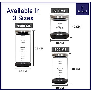 Femora Borosilicate Glass Air-Tight Jar with Silicon Base, 900 ml, Set of 2