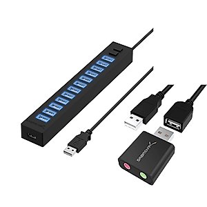 Sabrent 13 Port High Speed USB 2.0 Hub +Aluminum USB External Stereo Sound Adapter for Windows and Mac.