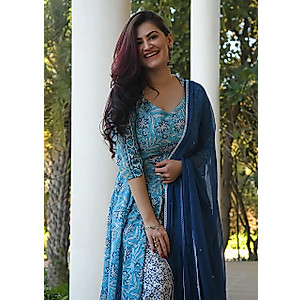 Elina fashion Indian Kurti for Womens With Pant & Dupatta | Rayon Printed Long Kurta Partywear Kurtis Tunic Tops Cyan