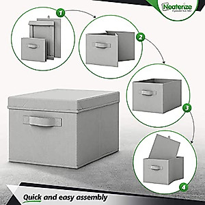 NEATERIZE Storage Bins with Lids. Set of 6 Heavy Duty Stackable MDF Covered With Fabric Storage Boxes with 2 Handle, Use for Organizing Closet, Garage, Clothes, Blankets, Linen (Light Grey)