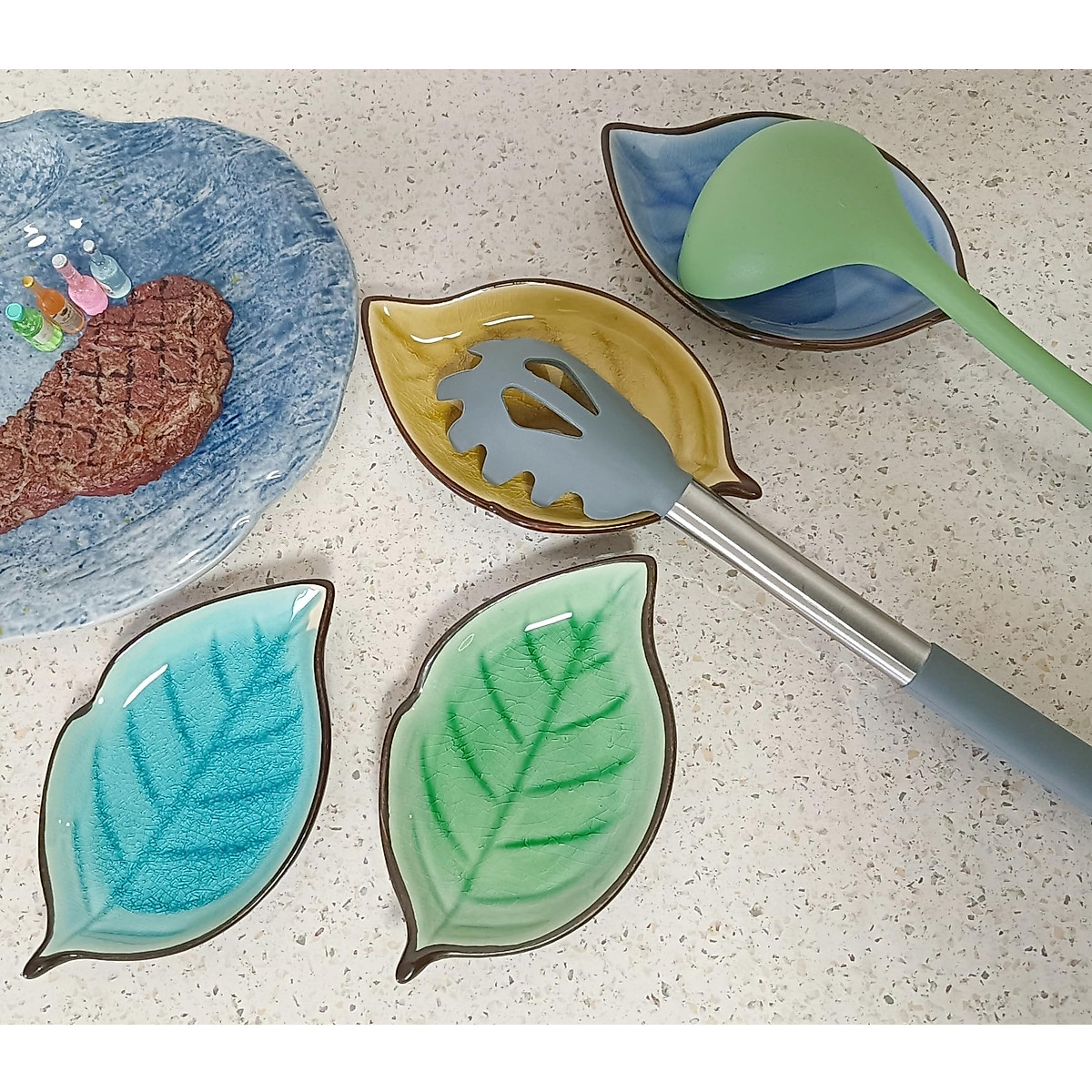 Ceramic Spoon Rest for Stove Top, Ice Cracks Leaf Cute Spoon Rest for Kitchen Counter, Cooking Spoon Holder for Kitchen Counter, Utensil Rest Spatula Rest Ladle Holder Tong Rest, 1 PC (A, Lake Blue)