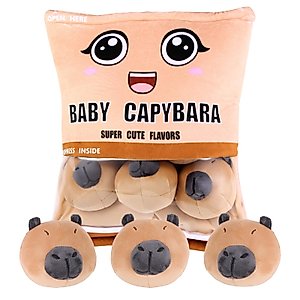 Frankiezhou Home Capybara Snack Bag Plush Pillow, Removable Stuffed Animals with 6 Mini Capybara Stuffed Animals Kawaii Pudding Pillow Plush Decor for Kids