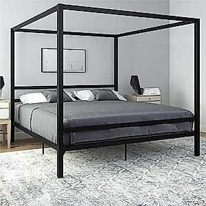 DHP Modern Metal Canopy Platform Bed with Minimalist Headboard and Four Poster Design, Underbed Storage Space, No Box Spring Needed, King, Black