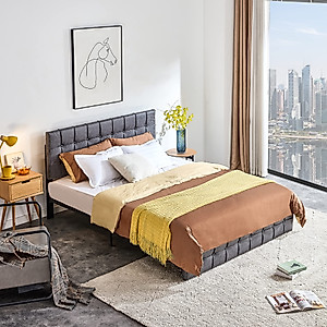 GINGVAT Queen Size Upholstered Platform Bed Frame with Lights and Height Adjustable Headboard, Fashion Square Stitched Button Tech Cloth, Modern Bedroom Furniture, Grey