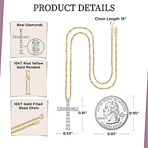 Jewelili Cross Pendant Necklace for Women in 10K Yellow Gold with 1/2 CTTW Natural White Round Diamonds | 18 inch Gold Filled Rope Chain