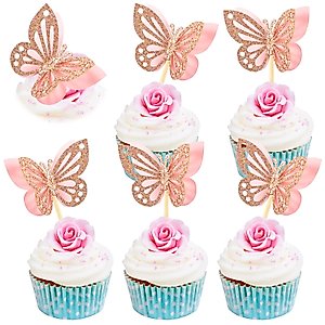 Chinco 48 Pcs Butterfly Cupcake Toppers Assembled Double Layer Cupcake Topper 3D Glitter Cupcake Topper Butterfly Cocktail Pick Decoration for Baby Shower Birthday Wedding (Pink,Classic Style)