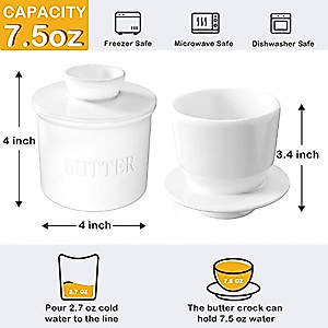 French Butter Dish, Vidalenta Porcelain Butter Crock for Counter with Water, 7.5 OZ Butter Dish with Lid Butter Keeper Country Crock Butter, Butter Holder Container for Spreadable Butter, White
