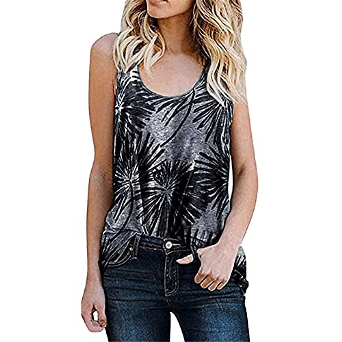 Aniywn Womens Workout Tank Tops Casual Floral Print Tank Tops Loose Fit Racerback Yoga Camis Basic Summer Casual Tee Shirt Black
