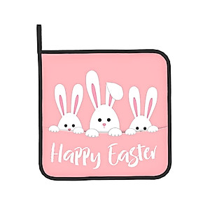 DRAYTSO Happy Easter Oven Mitts and Pot Holders Set, Spring Colorful Egg Heat Resistant Kitchen Set Oven Gloves Non-Slip Potholders for Cooking Baking Grilling Gifts Microwave Gloves Hot Pad, Black