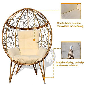 Wicker Egg Chair Outdoor, Rattan Hanging Basket Lounge Chair with Legs and Cushion, Oversized Indoor Outdoor Bedroom Garden Deck Balcony Lounger for Patio