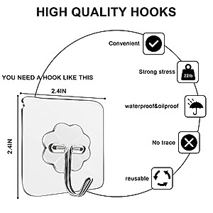 Adhesive Hooks, 20-Pack Kitchen Wall Hooks, Wall Hook Heavy Duty (22 lbs) Max, Reusable Bathroom Hook, Waterproof and Rustproof