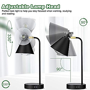 Industrial 3 Way Dimmable Touch Control Desk Lamp with 2 USB Ports & AC Outlet Bedside Nightstand Reading Lamp Flexible Head Farmhouse Black Table Lamp for Office Bedroom Living Room Bulb Included