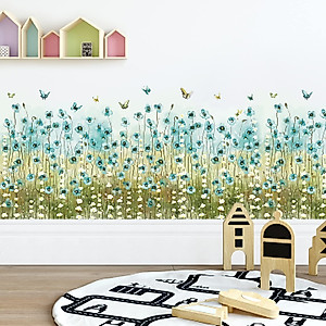 LiveGallery Blue Flowers Wall Decals White Daisy Wall Stickers DIY Peel and Stick Butterfly Plants Wall Sticker for Baby Kids Girls Bedroom Nursery Living Room Office Corners Skirting Lines