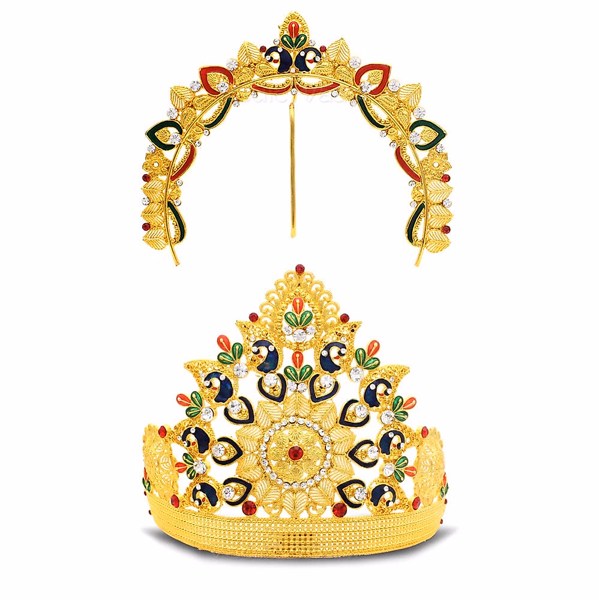 Vedic Vaani Elegant Navratri Goddesses Maa Navdurga Sherawali MATA Multicolour Gemstones Decorative Mukut/Crown/Handmade Designer Taj for Navdurga Festival, Puja, Goddess Idol/Statue