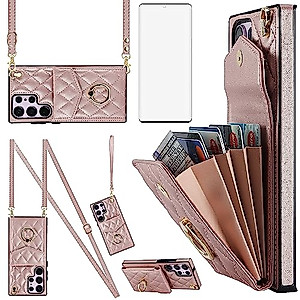 Asuwish Phone Case for Samsung Galaxy S23 Ultra 5G Wallet Cover with Tempered Glass Screen Protector Wrist Strap Ring RFID Blocking Card Holder Cell S23Ultra 23S S 23 23Ultra 6.8 inch Women Rose Gold