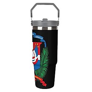 Dominican Republic Flag 30 OZ Insulated Tumblers with Handle And Straw Leakproof Vacuum Insulated Stainless Steel Water Bottle for Car Fishing Travel
