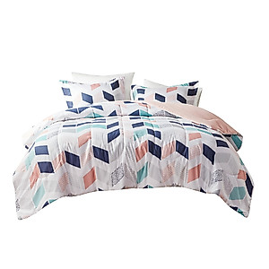 Comfort Spaces Kylar Cozy Comforter Set, Vibrant Chevron Ruching Design with Solid Reverse, All Season Down Alternative Bedding with Matching Sham, Twin/Twin XL (66 in x 90 in), Multi/Blush 2 Piece