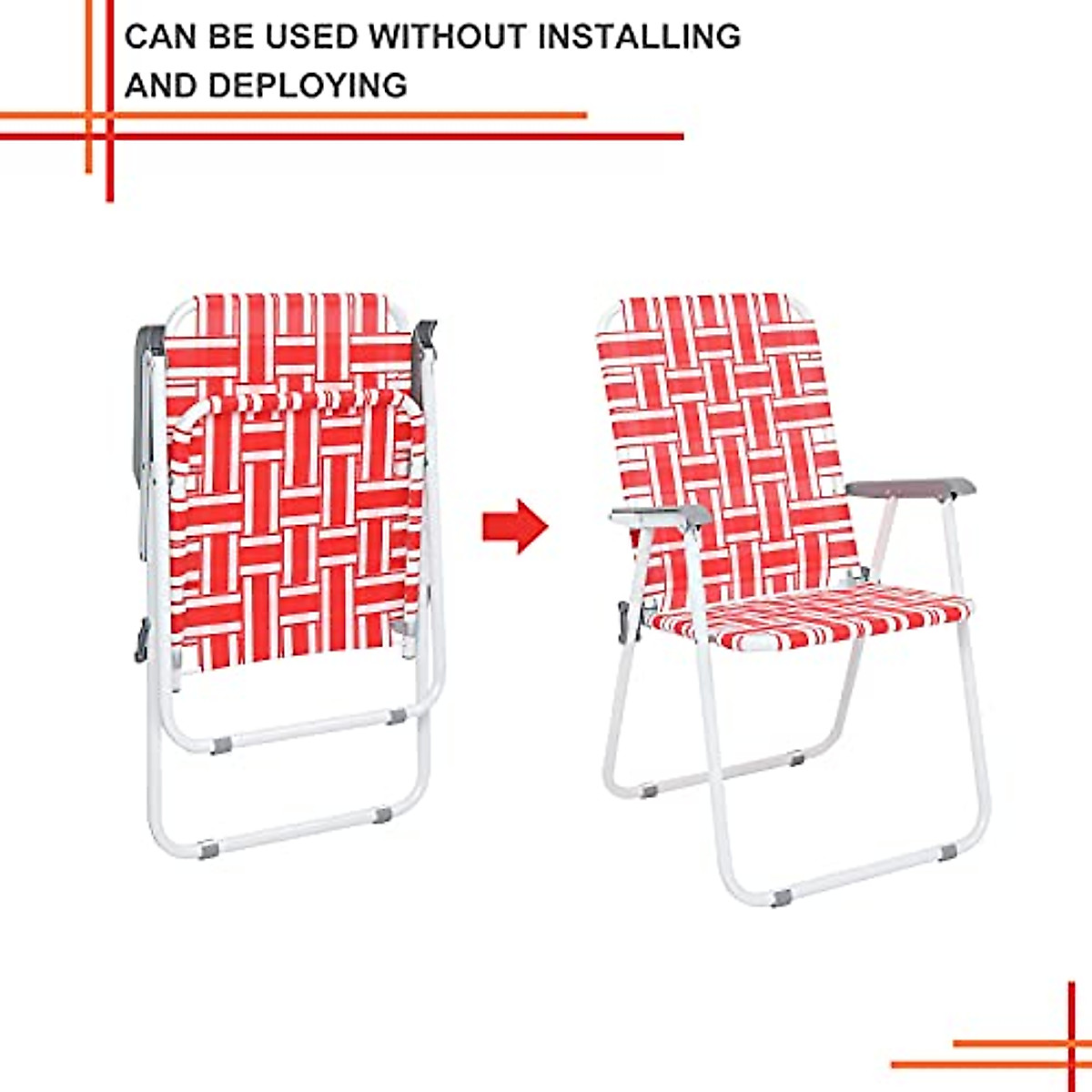 Set of 2 Patio Lawn Webbed Folding Chairs, Outdoor Beach Chair Portable Camping Chair, Webbed Folding Chair for Yard, Garden,Red