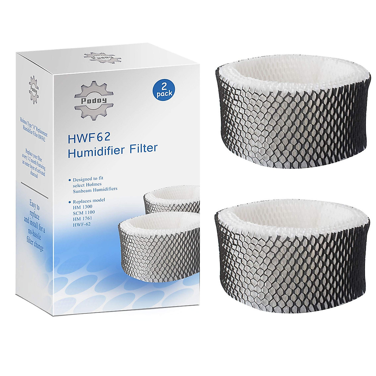Podoy HWF62 Humidifier Filter Compatible Holmes HM1300 SCM1100 HM1761 HWF-62 Filter Replacement (2 Pack)