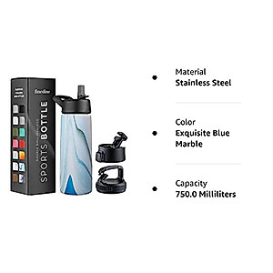 FineDine Triple Walled, Insulated Water Bottles with Straw - 25 Oz Stainless Steel Metal Bottle W/ 3 Leak Proof Lids - For Travel, School, Sports, Gym / Men, Women & Kids - Exquisite Blue Marble