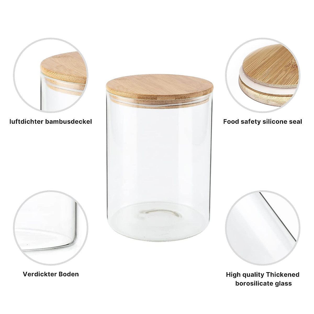 Glass Food Storage Jars Set of 5,Glass Storage Containers Clear Glass Food Canister with Bamboo Lid Airtight For Serving Tea, Coffee, Flour, Sugar, Candy, Cookie, Spice and More (Circular)