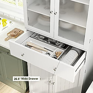 HORSTORS 71" Pantry Cabinet, Tall Kitchen Pantry Storage Cabinet, Large Food Pantry, Freestanding Storage Cabinet with Drawer | Shelves | Glass Doors for Dining Living Room, Bathroom, White