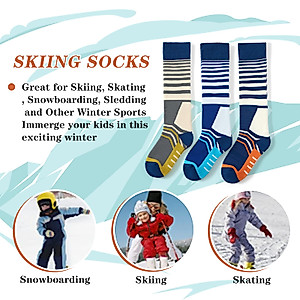 Qterdiz Ski Socks Kids Boys Winter Warm Snowboarding Socks for Boys Girls Thick Thermal Skating Socks 3 Pack Stripes 10-12 Years Old