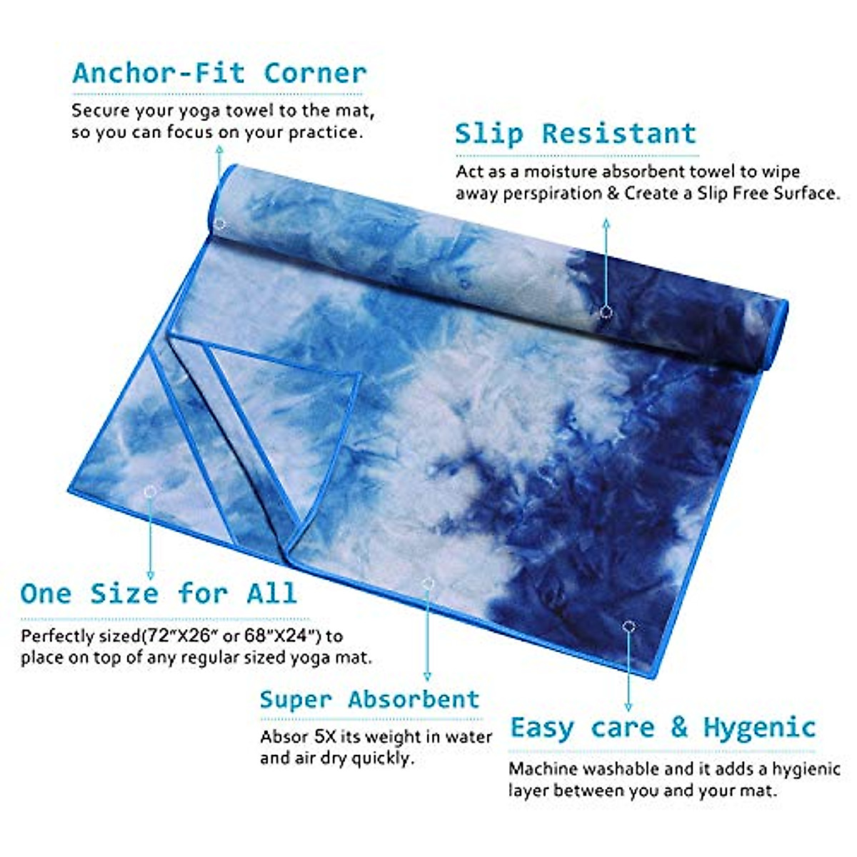 Ewedoos Yoga Towel Yoga Mat Towel with Anchor Fit Corners Non Slip Yoga Towels Hot Yoga Towel Yoga Pilates Workout Camping