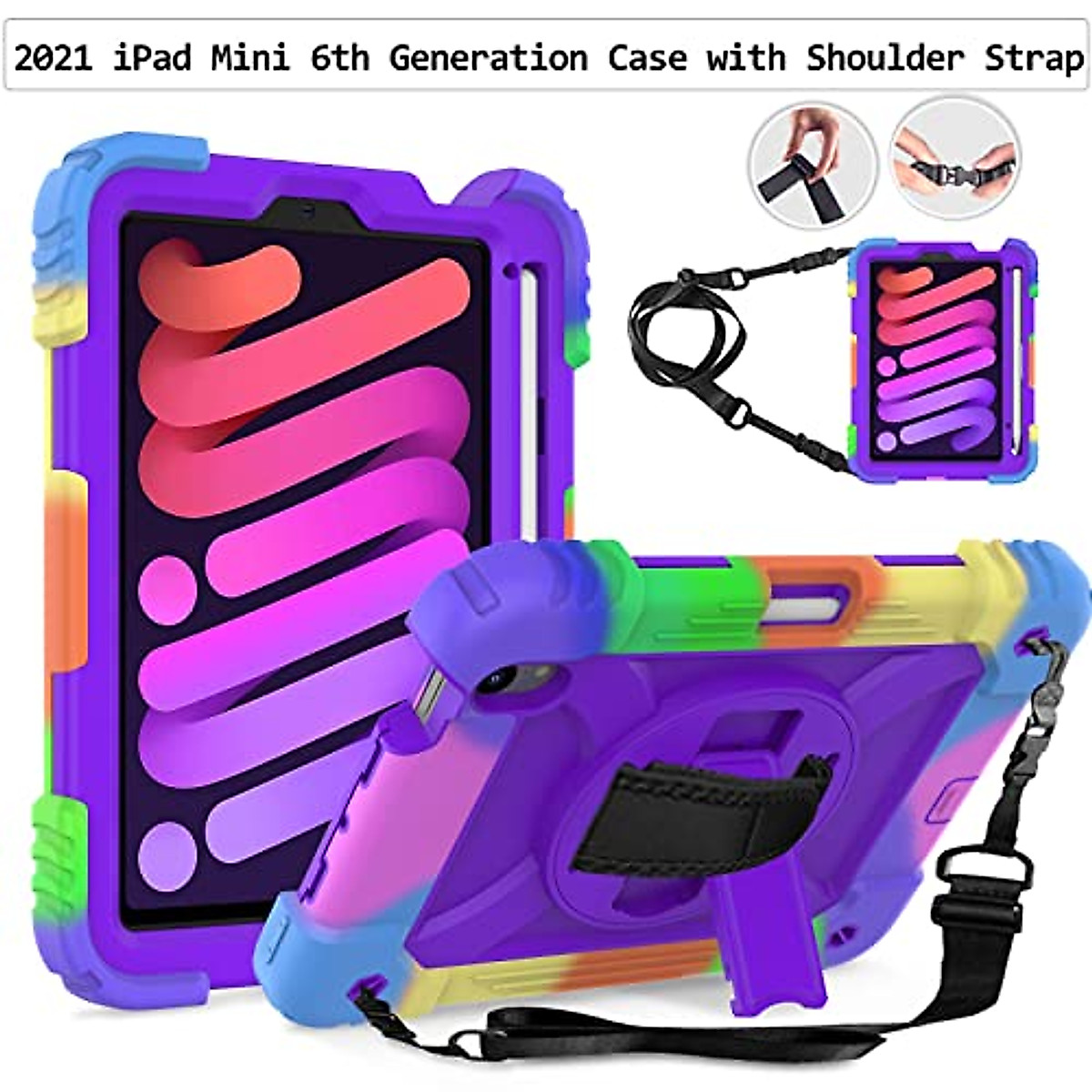 LTROP iPad Mini 6 Case 2021, iPad Mini 6th Generation Case for Kids, Heavy Duty Shockproof Cover with Pencil Holder/360 Rotating Stand/Hand Strap for iPad Mini 6th Generation 8.3 Inch 2021, Purple