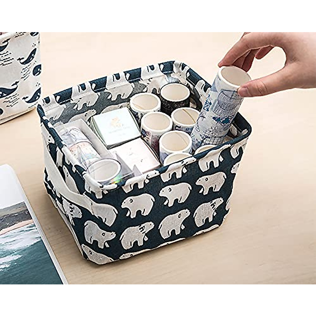 Lawei 9 Pack Mini Canvas Storage Bins - Collapsible Canvas Shelf Basket Nursery Organizer Boxwith Handles for Nursery Kids Bathroom Home Office