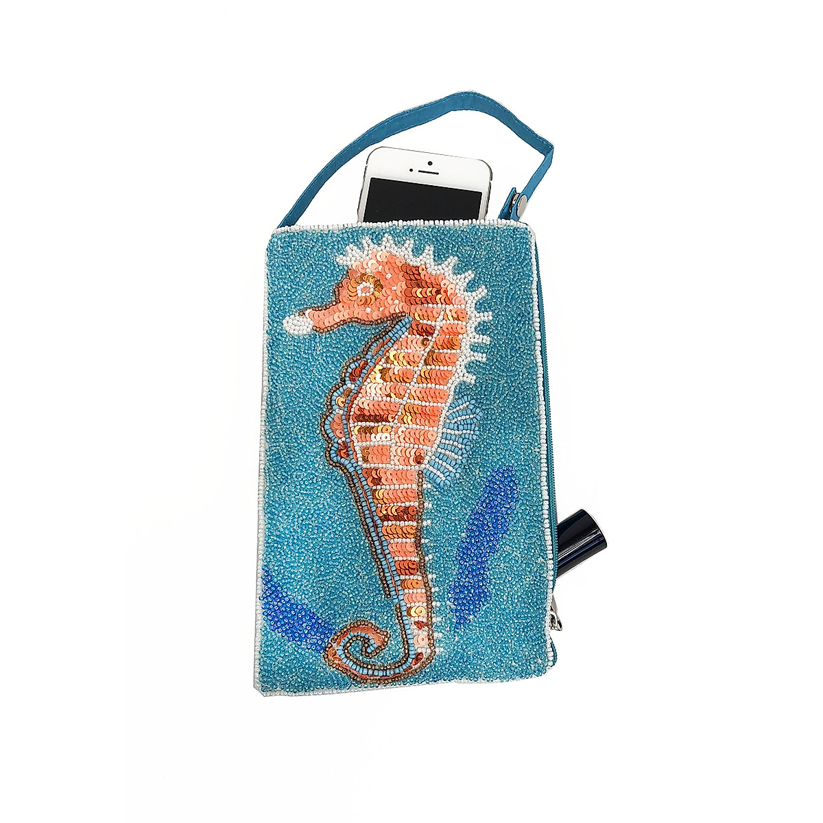 Seahorse Hand Beaded Light Purse Club Bag, With Cross body Strap and Buttoned Wristlet Strap