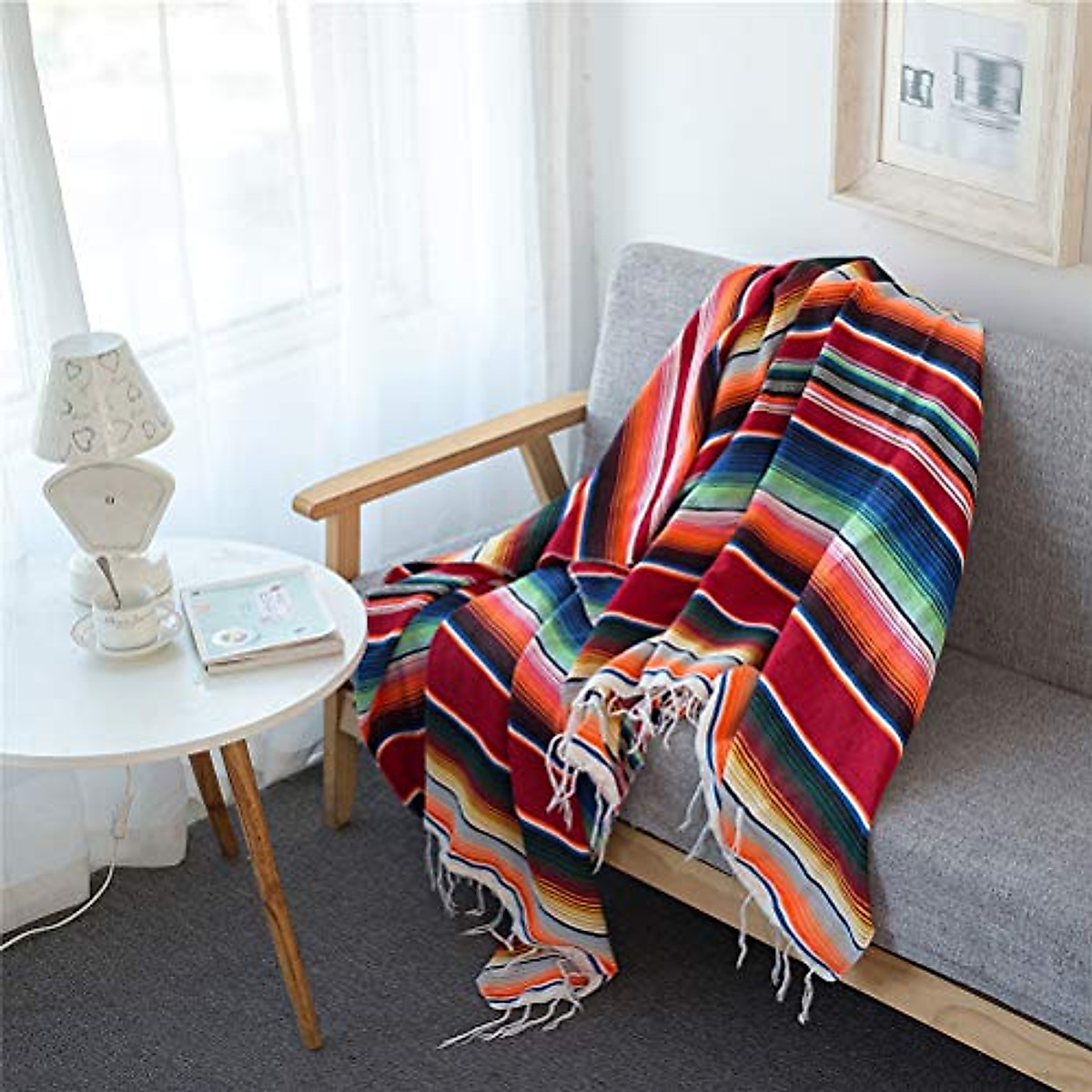 JQZ Mexican Serape Blanket with Tassel Bright Colorful Stripe Rainbow Throw Blanket Yoga Beach Blanket Tablecloth Sofa Cover(Red, 60" X 82")