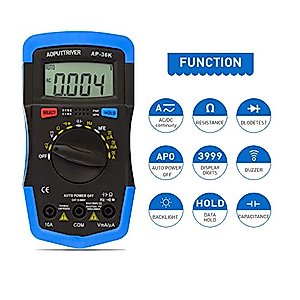Digital Multimeter AP-36K 4000 Counts multimeter for Voltmeter Ammeter Ohmmeter with Test Leads Data Hold and Backlight LCD for DC/AC Resistance Diodes Transistor Buzzer Continuity
