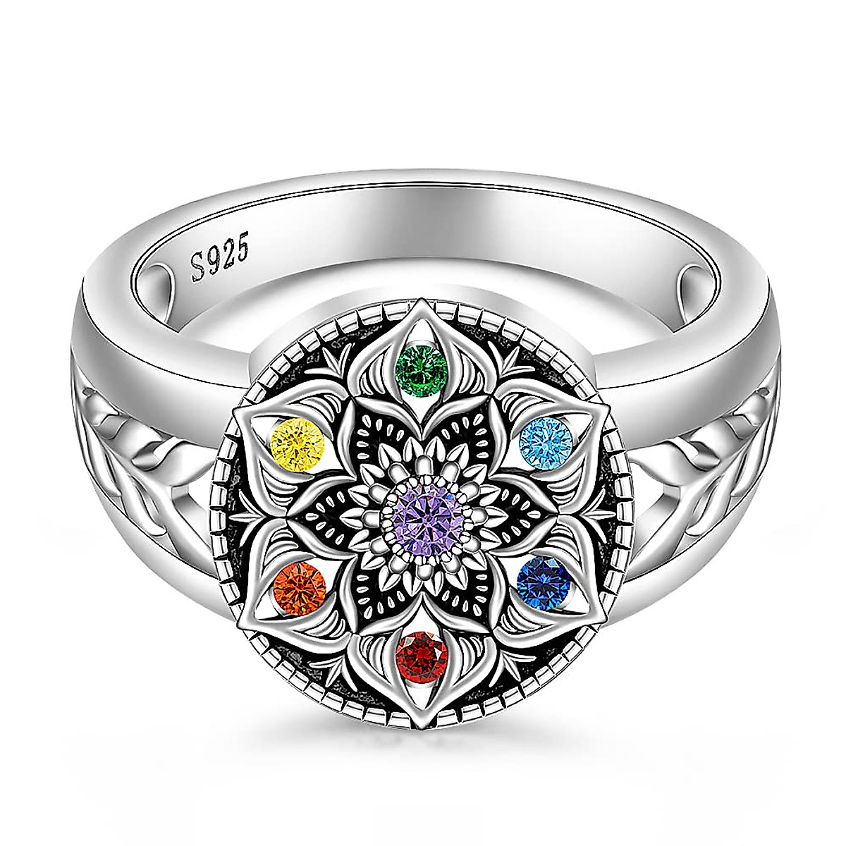 Chakra Ring Mandala Lotus Rings for Women Sterling Silver Yoga Lotus Flower Healing Crystal 7 Chakras Protection Balance Jewelry Gifts Size 7