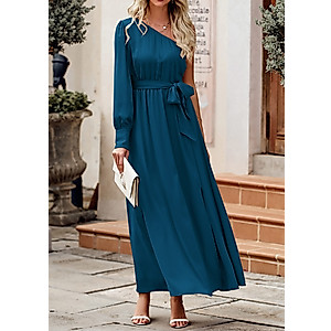 KIRUNDO Women's Satin Long Sleeve One Shoulder Maxi Dress Asymmetrical Tie Waist Slit Party Cocktail Long Formal Dresses(Dark Blue, X-Large)