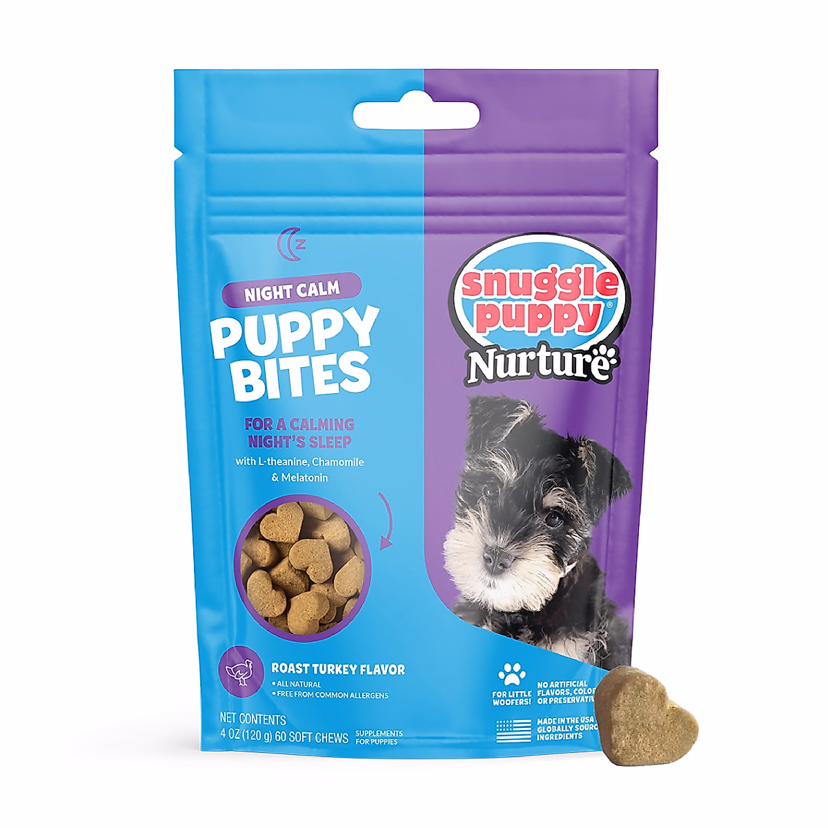 Snuggle Puppy Night Calm Puppy Bites - Calming Chew Bites for Dogs - Puppy Supplement to Support Restfulness & Sleep - Puppy Chew Bites with Melatonin, Chamomile & Ashwagandha - 60 Soft Chews