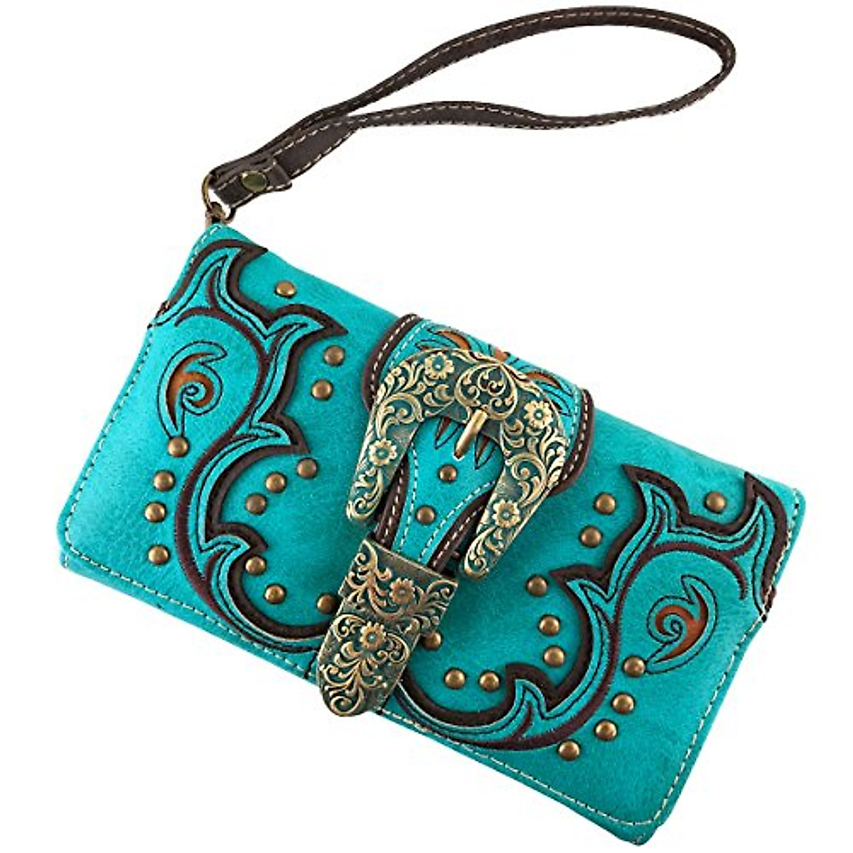 Justin West Patina Girl Western Bronze Floral Buckle Handbag Purse Tote and Strap Wallet (Turquoise Handbag and Wallet)