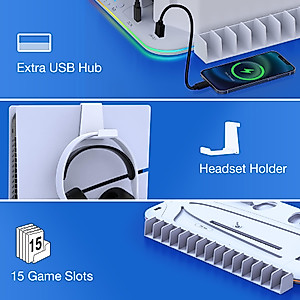 PS5 Stand PS5 Slim Stand with Cooling Station and Controller Charging Station for PS5 Slim Console Disc/Digital, PS5 Cooling Fan, RGB, Headset Holder, 15 Game Slot for Playstation 5 Accessories, White