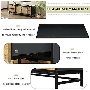 Voohek Rattan Boho TV Stand with Drawers and Adjustable Shelves, Entertainment Center w/Storage for 65 inch Television, Media Console Table for Living Room, Black