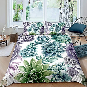 Erosebridal Succulent Bedding Set Desert Plant Duvet Cover Queen Size Watercolor Succulent Comforter Cover Spring Bontical Theme Bedspread Cover for Living Room Dorm Decorative, Purple Green