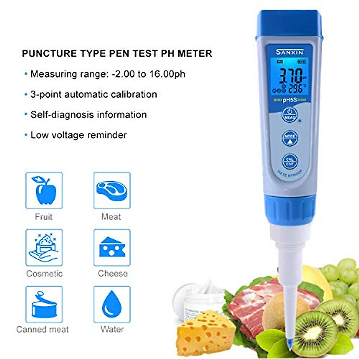 Y-LKUN Water Quality Meter PH5S Ph Meter Range: -2.00~16.00 PH Value Waterproof Pen Type Digital Food PH Tester for Cheese and Fruit Measuring Tool Moisture Meter
