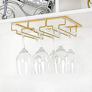 Wine Glass Rack - Under Cabinet Stemware Wine Glass Holder Glasses Storage Hanger Metal Organizer for Bar Kitchen Gold